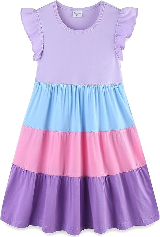 Bumeex Girl's Dresses Cotton Ruffle Sleeve Tiered Swing A-Line Cute ...